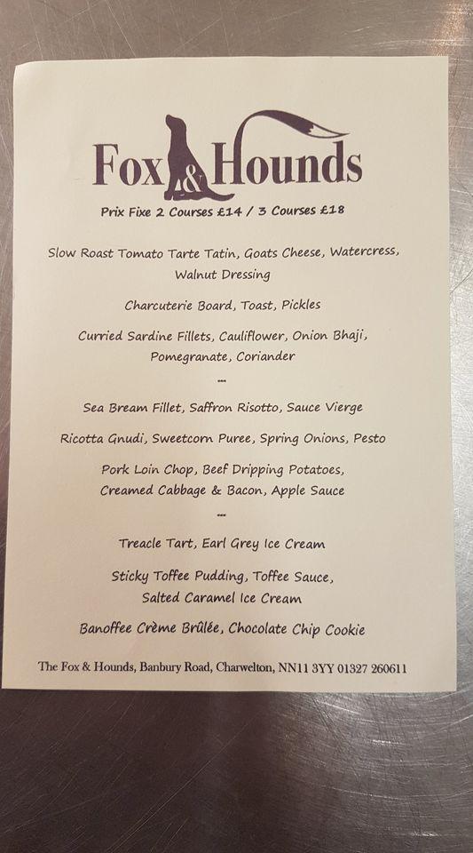 Menu at Fox & Hounds pub & bar, Woodford Halse, Banbury Rd