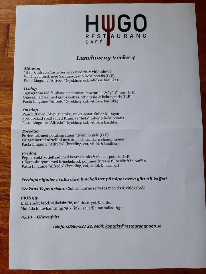 Menu at Hugo Restaurang Café restaurant, Karlskoga