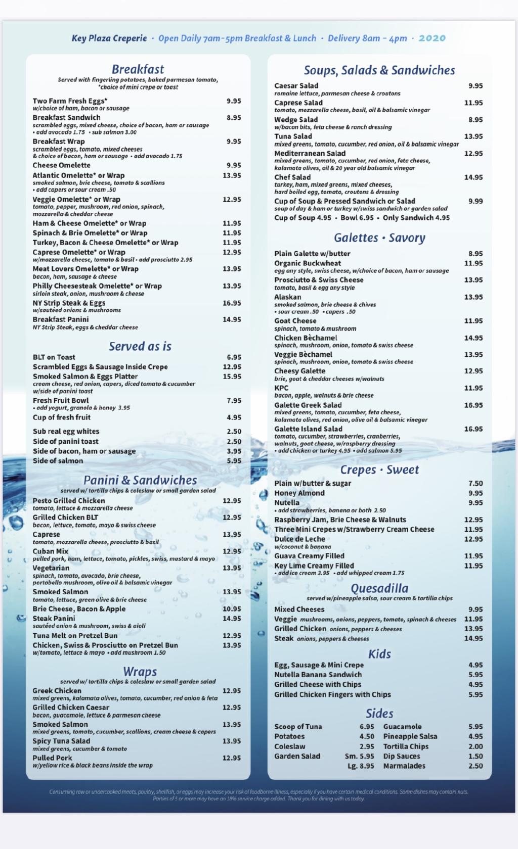 Menu at Key Plaza Creperie restaurant, Key West