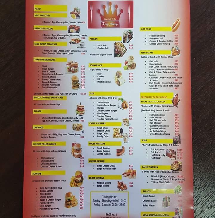 Menu at King Aways restaurant, Bronkhorstspruit