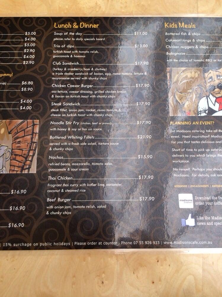 Menu at Madison's Cafe, Broadbeach
