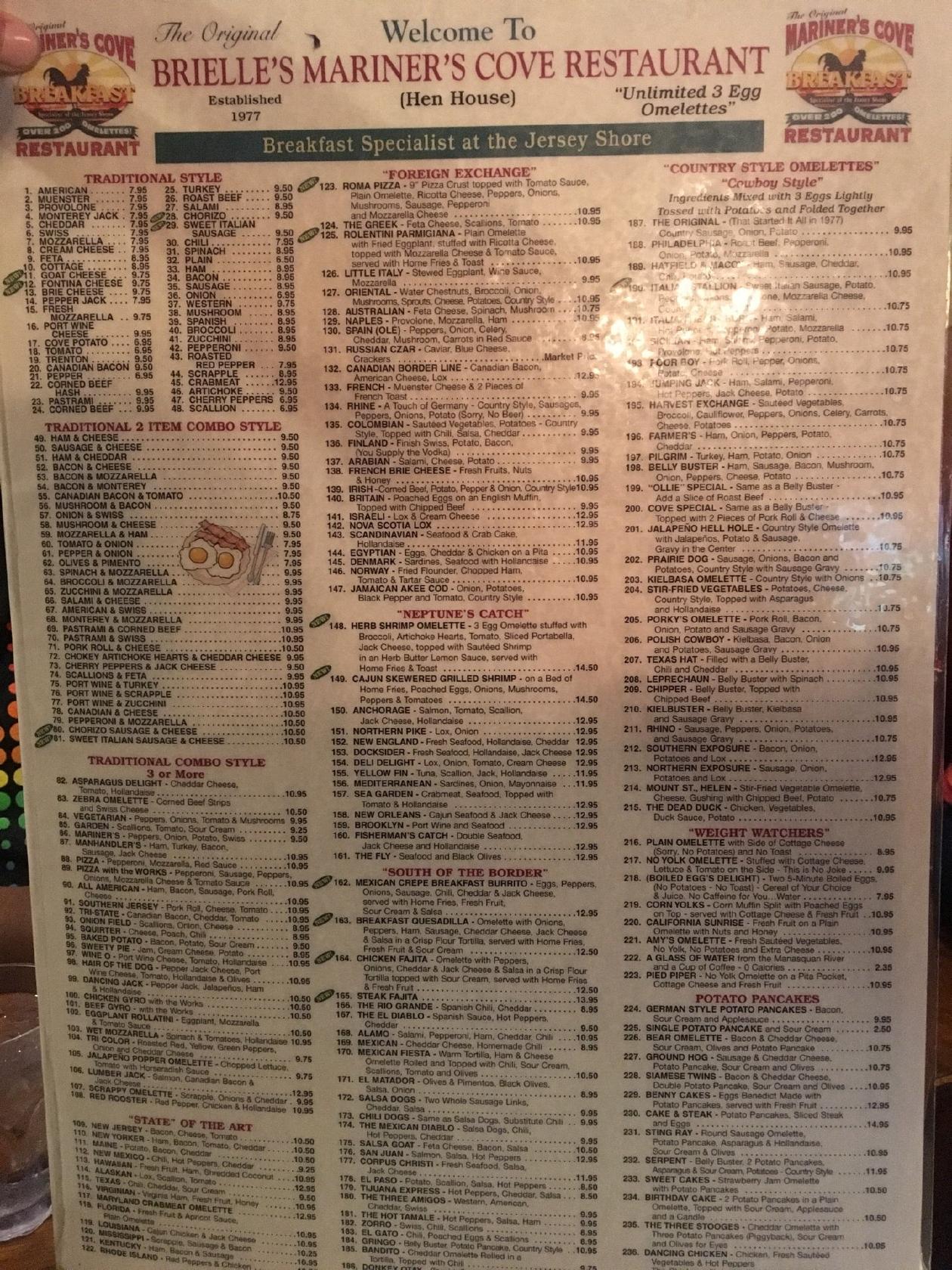 Menu at Mariner's Cove Restaurant, Brielle