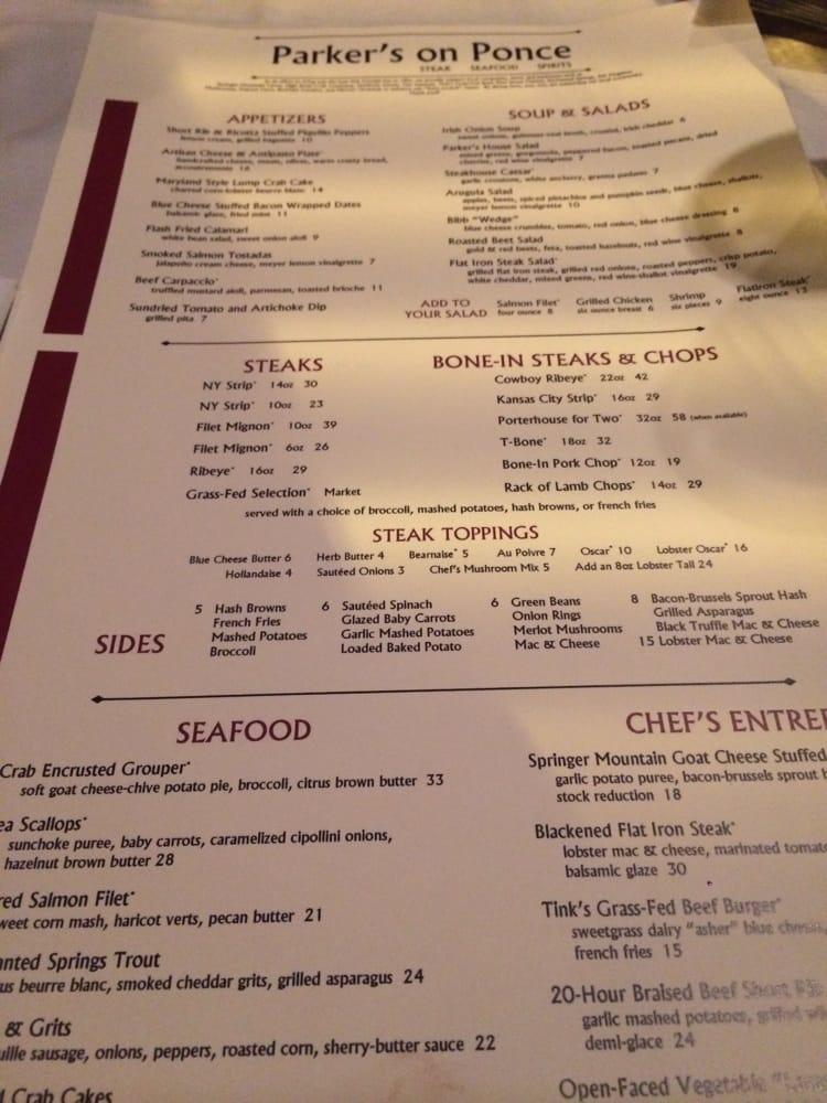 Menu at Parker's on Ponce pub & bar, Decatur