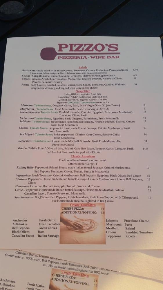Menu at Pizzo's Pizzeria and Wine Bar, Chula Vista