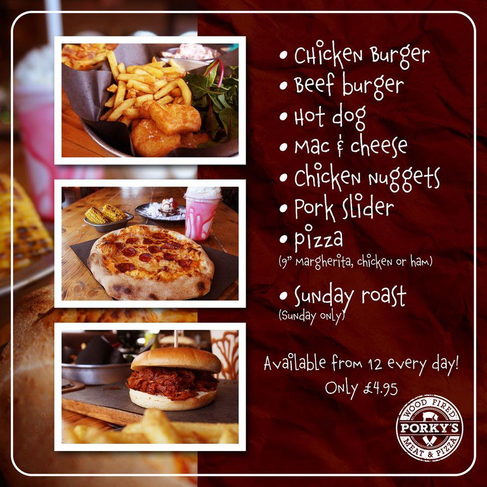 Menu at Porky's Low Fell restaurant, Gateshead