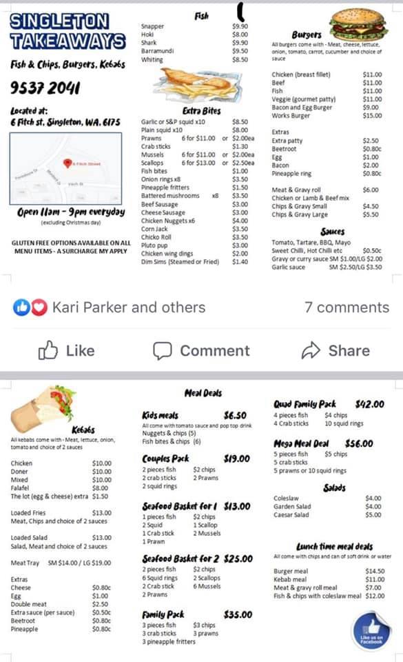 Menu at Singleton Takeaways restaurant, Singleton