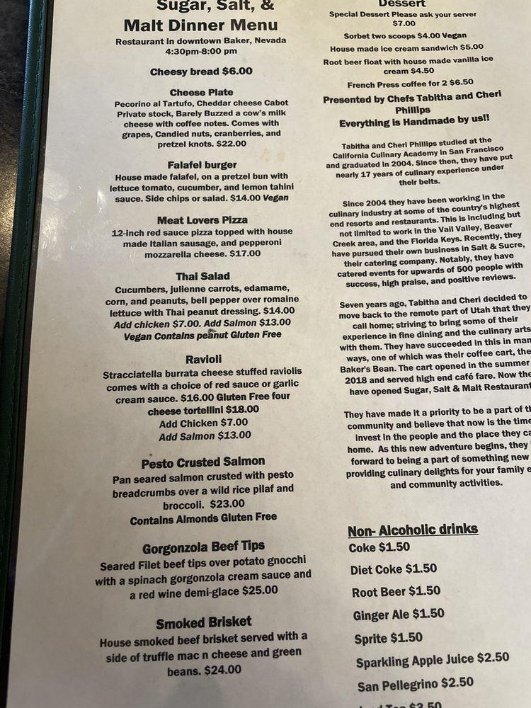Menu at Sugar, Salt & Malt Restaurant, Baker