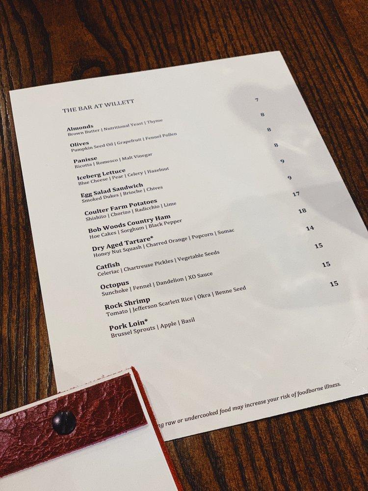 Menu at The Bar at Willett, Bardstown