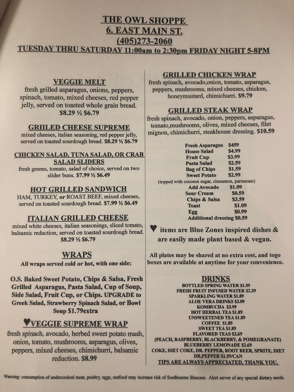 Menu at The Owl Shoppe restaurant, Shawnee