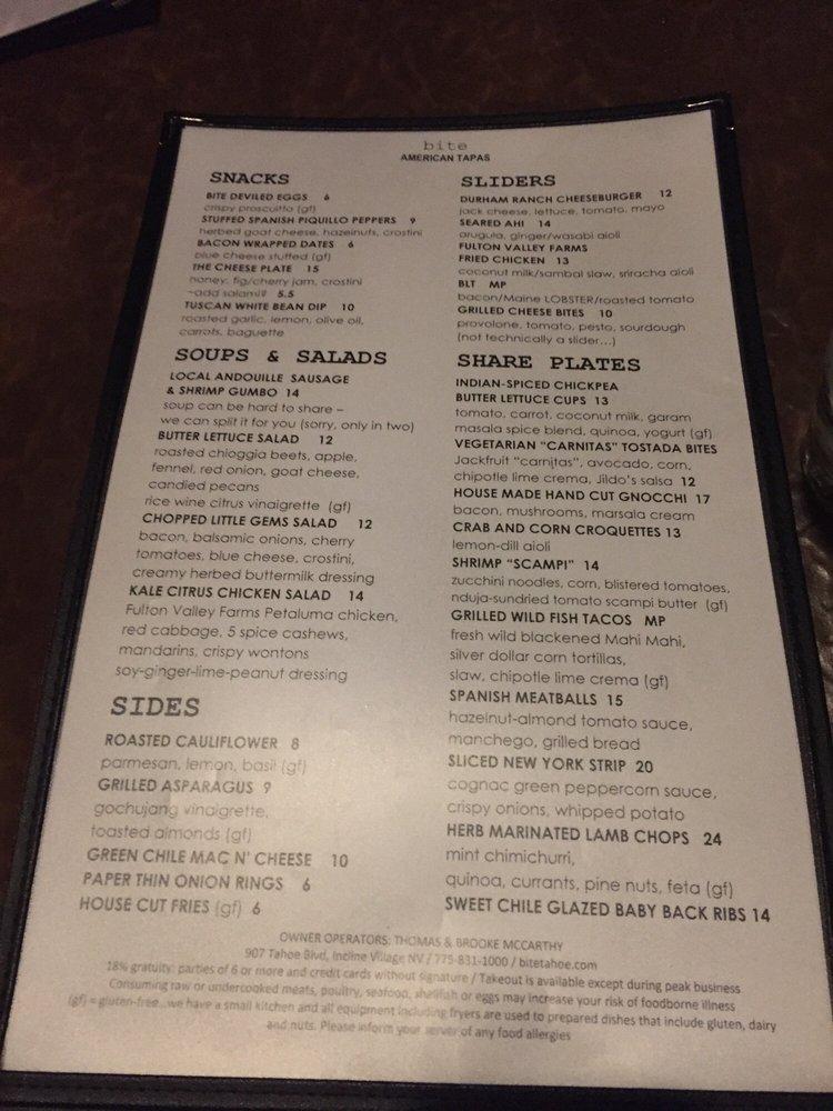 Menu at Bite Restaurant, Incline Village