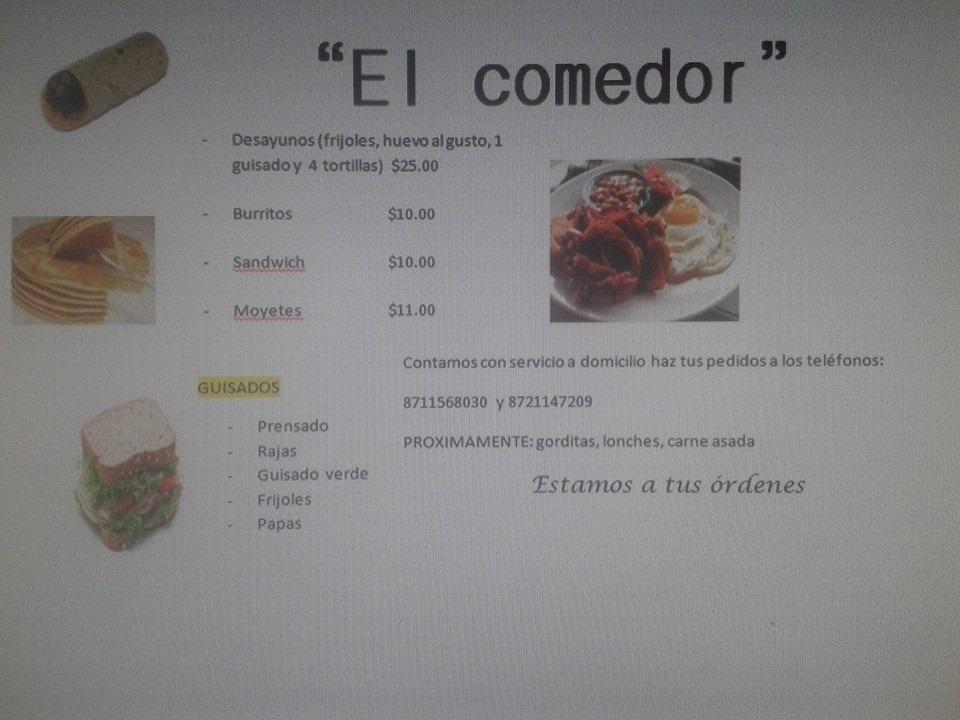 Menu at El Comedor restaurant, Francisco I. Madero