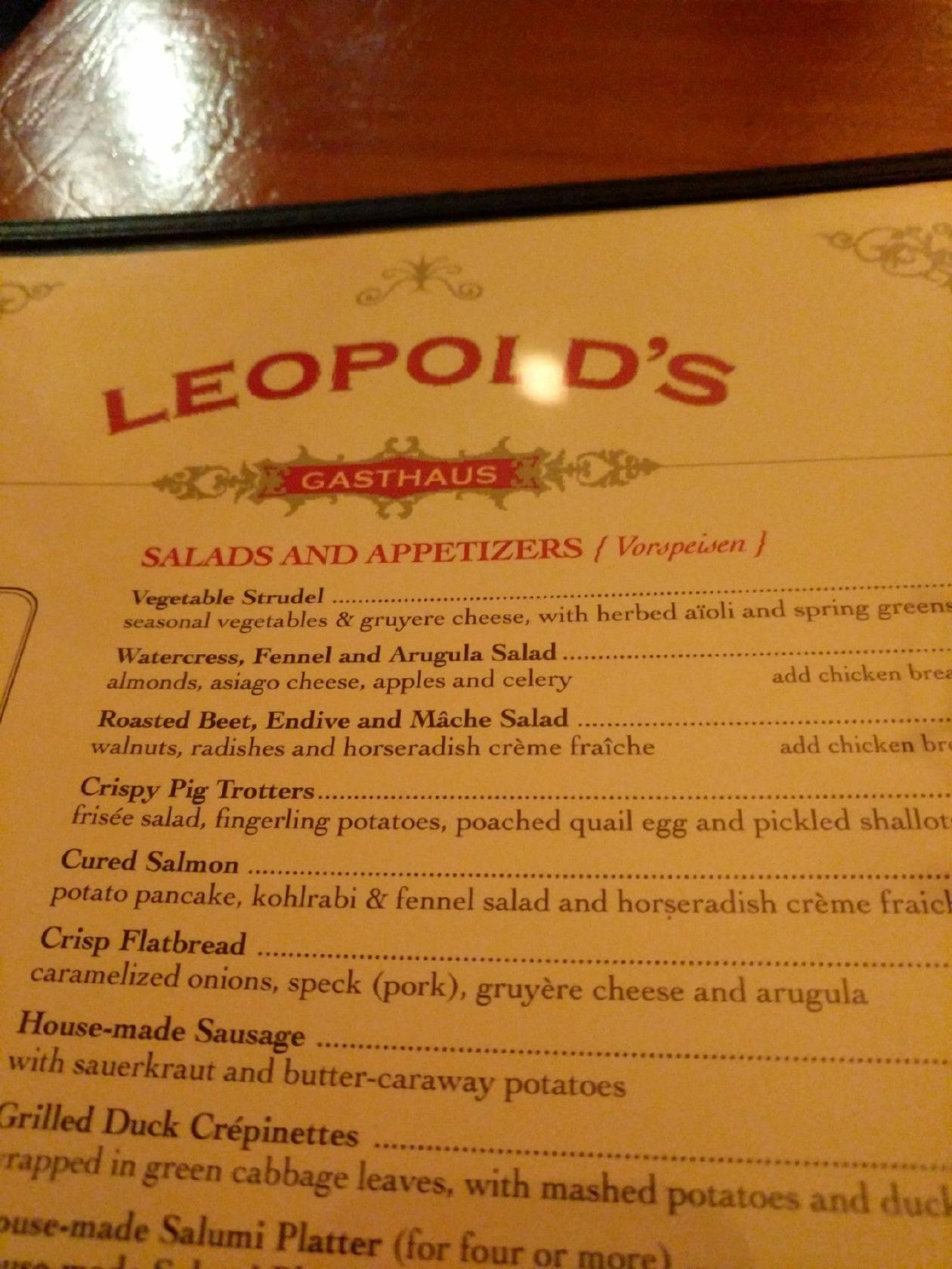 Menu at Leopold's pub & bar, San Francisco