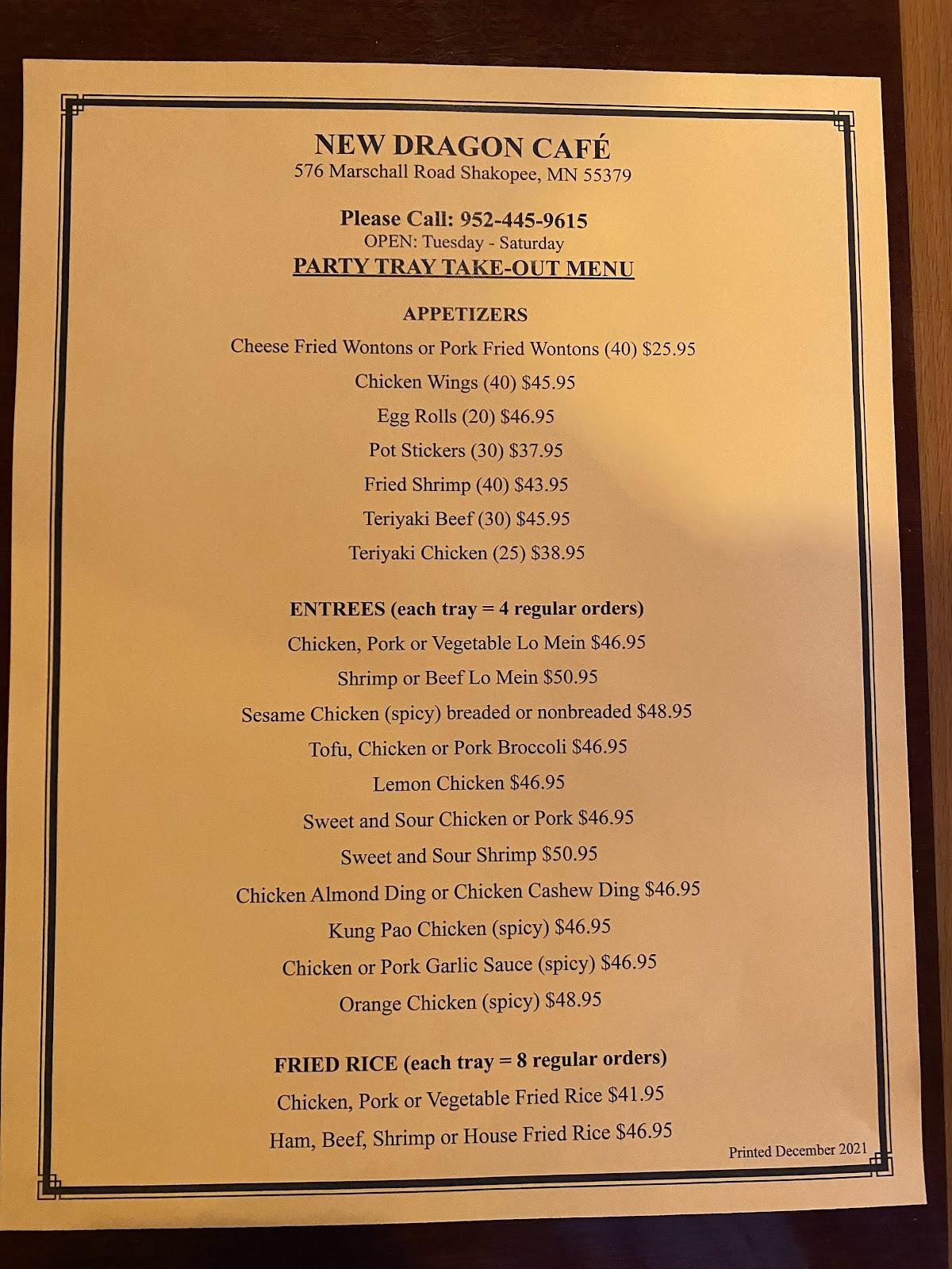 Menu at New Dragon Cafe Inc, Shakopee