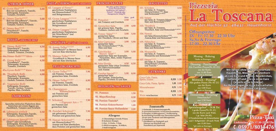 Menu at Pizzeria La Toscana, Rheine