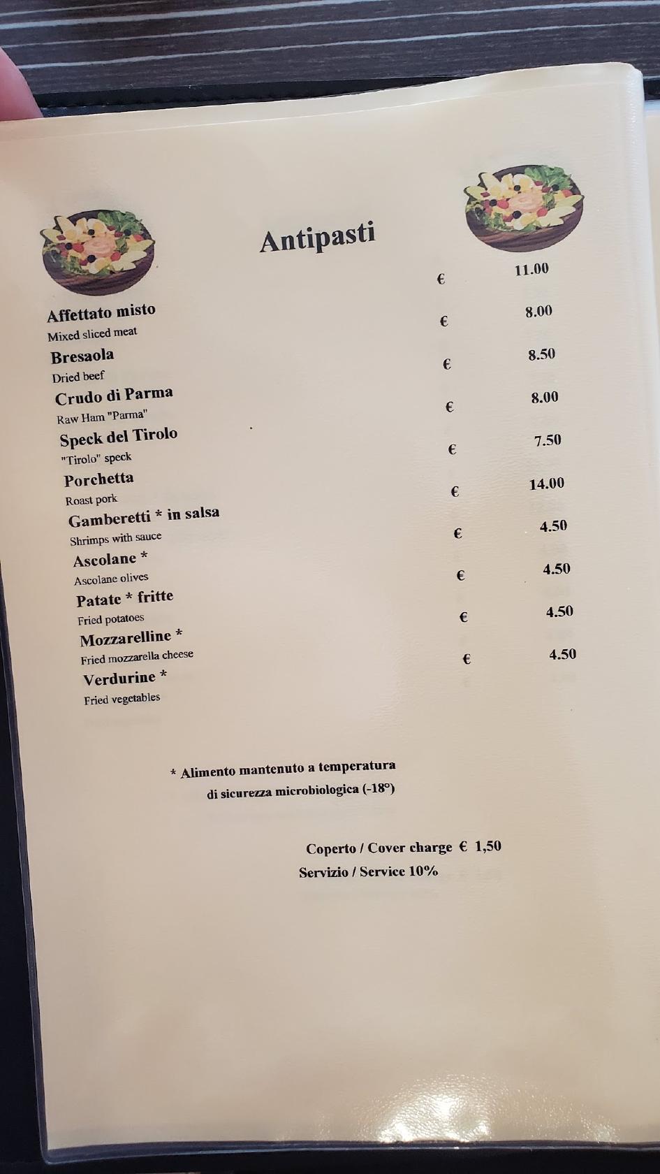 Menu da Pizzeria miramare, Venezia