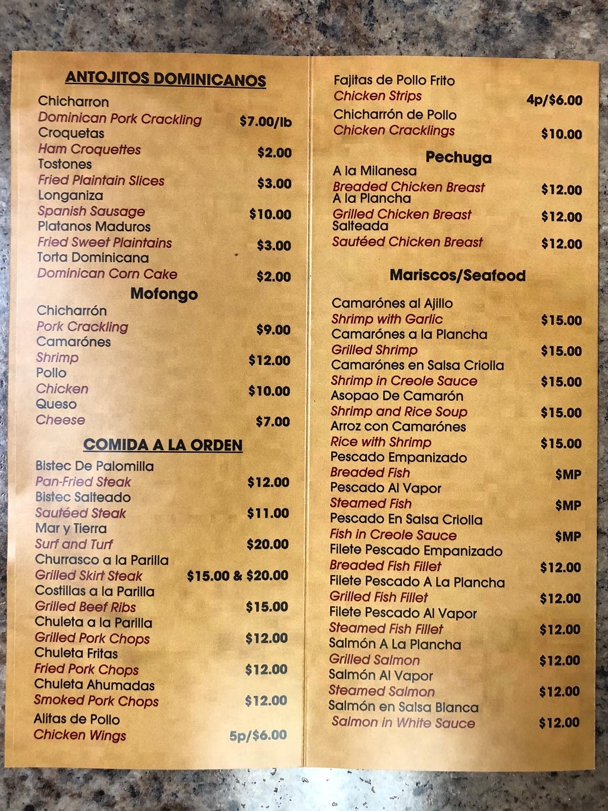 Menu at Sazon Dominicano Restaurant, Rahway
