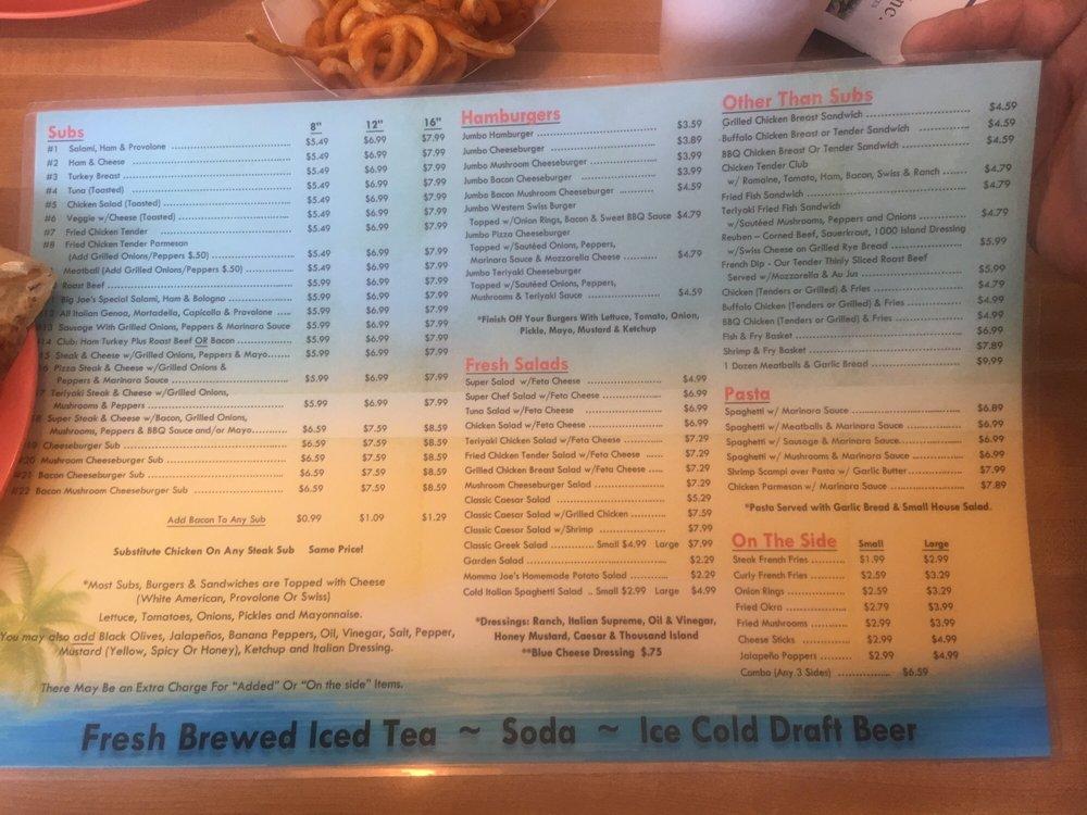 Menu at Big Joe's Subs restaurant, New Smyrna Beach