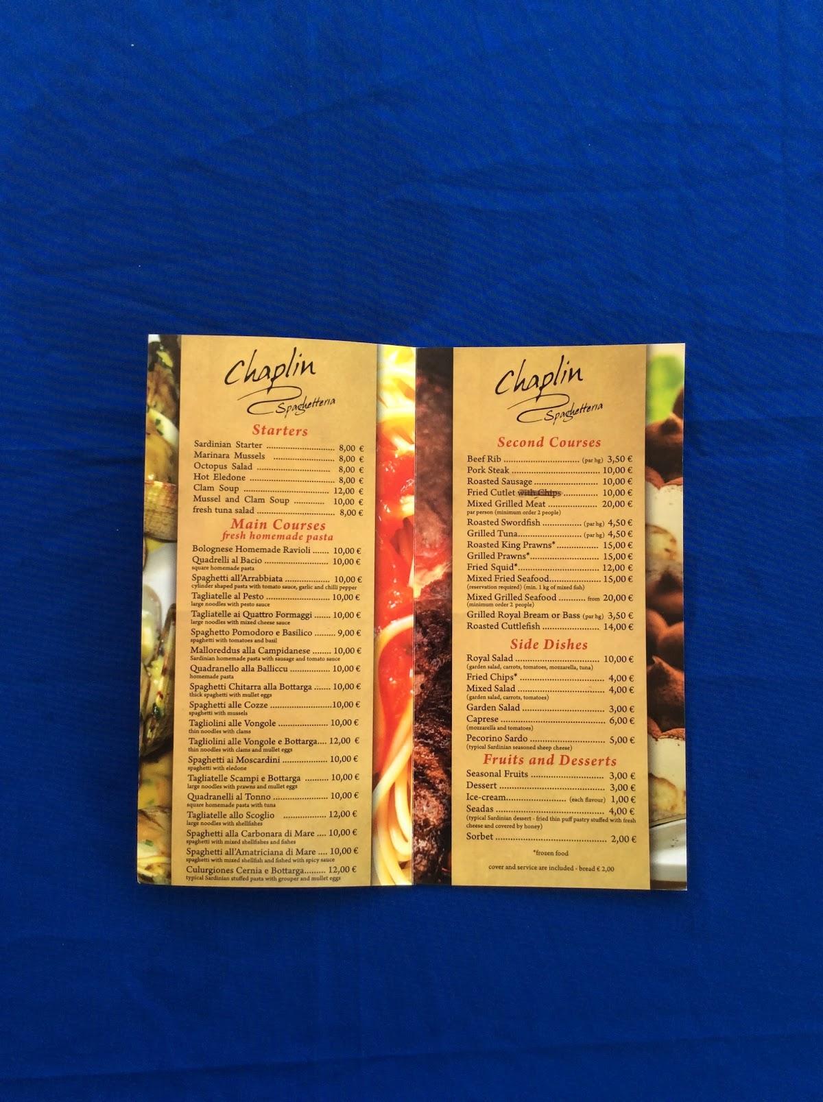 Menu at Chaplin Spaghetteria Ristorante, Costa Rei