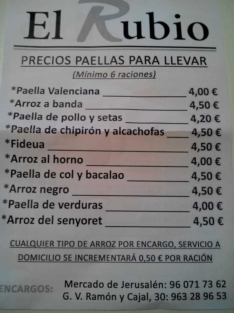 Carta del restaurante Comidas El Rubio, Valencia