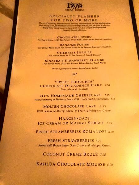 Menu at Hy's Steak House steakhouse, Honolulu