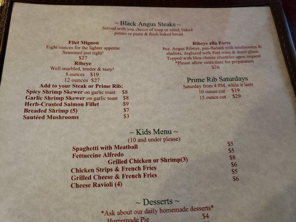 Menu at Marie's Italian Grill restaurant, Deming