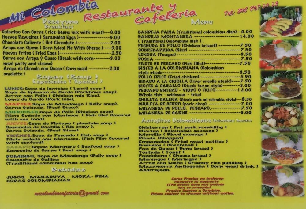 Menu at Mi Colombia cafeteria Miami Beach, Miami Beach