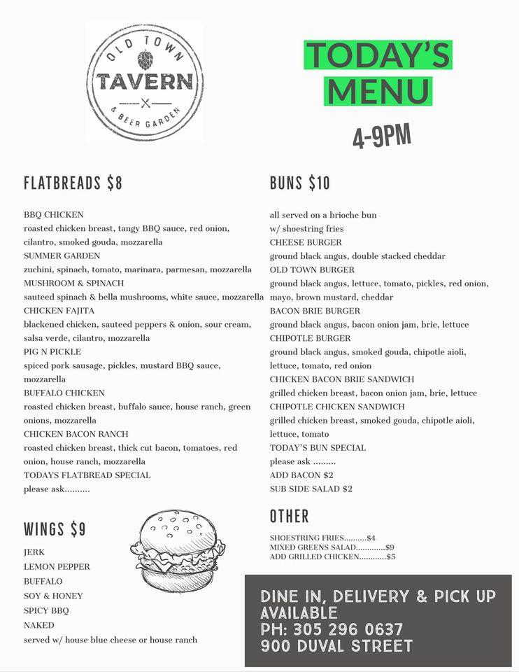 Menu at Old Town Tavern & Beer Garden restaurant, Key West, 900 Duval St