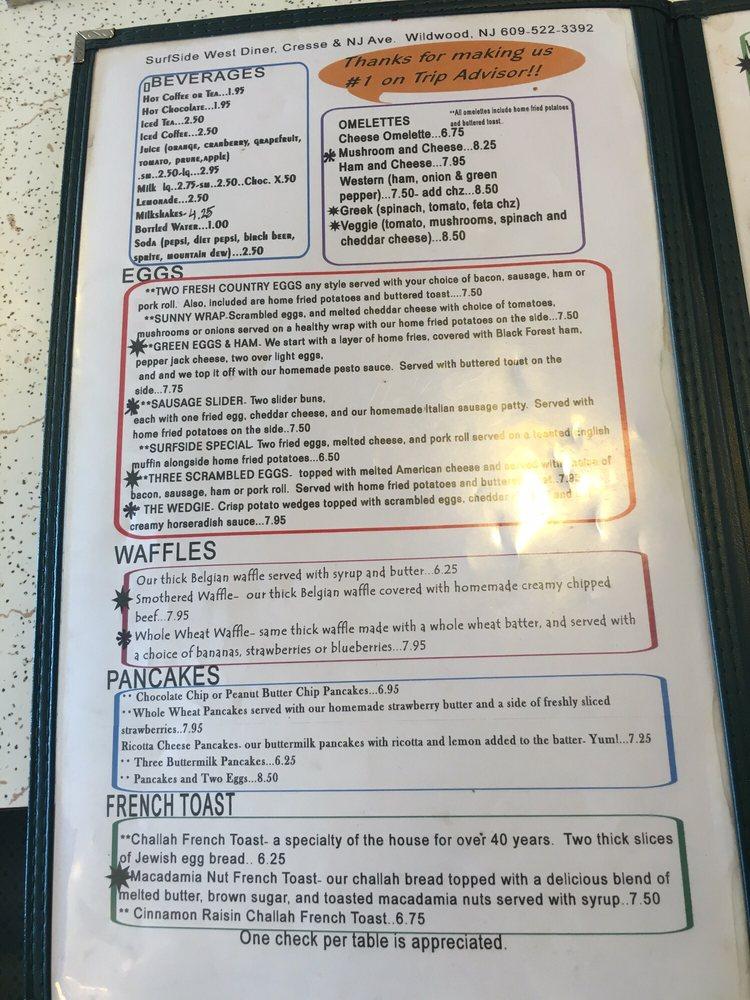 Menu at Surfside West Diner restaurant, Wildwood