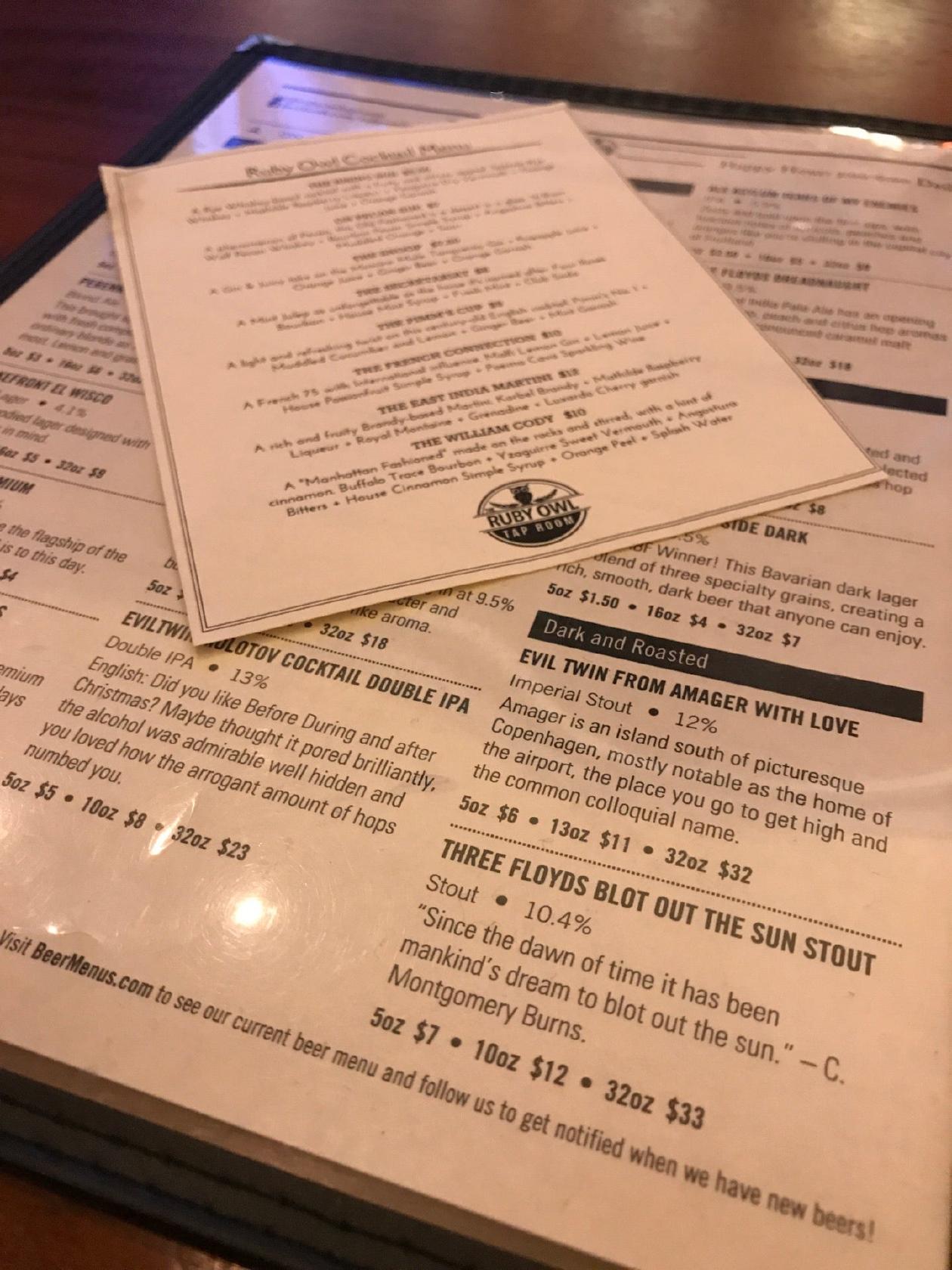 Menu at The Ruby Owl Tap Room pub & bar, Oshkosh