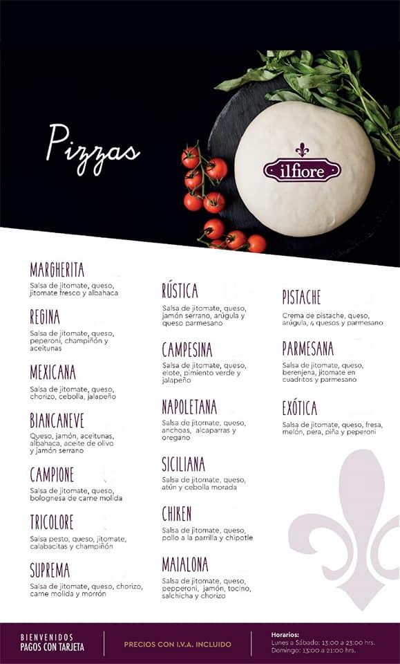 Carta de pizzería il Fiore, Guadalajara