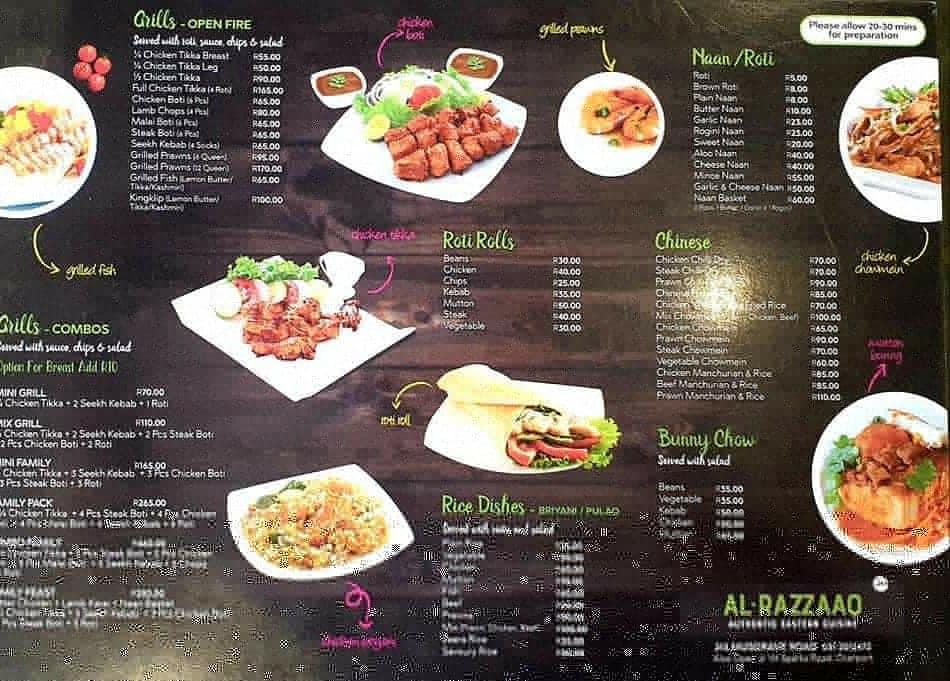 Menu at Al Razzaaq restaurant, Berea, 213 Musgrave Rd