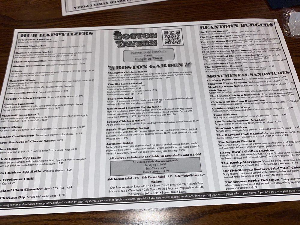 Menu at Boston Tavern pizzeria, Norwood