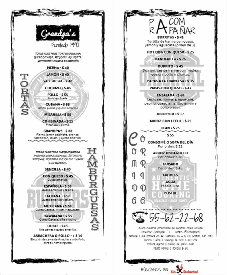 Menu at Grandpa's restaurant, Mexico City, C. Ezequiel A. Chávez 46-Local B