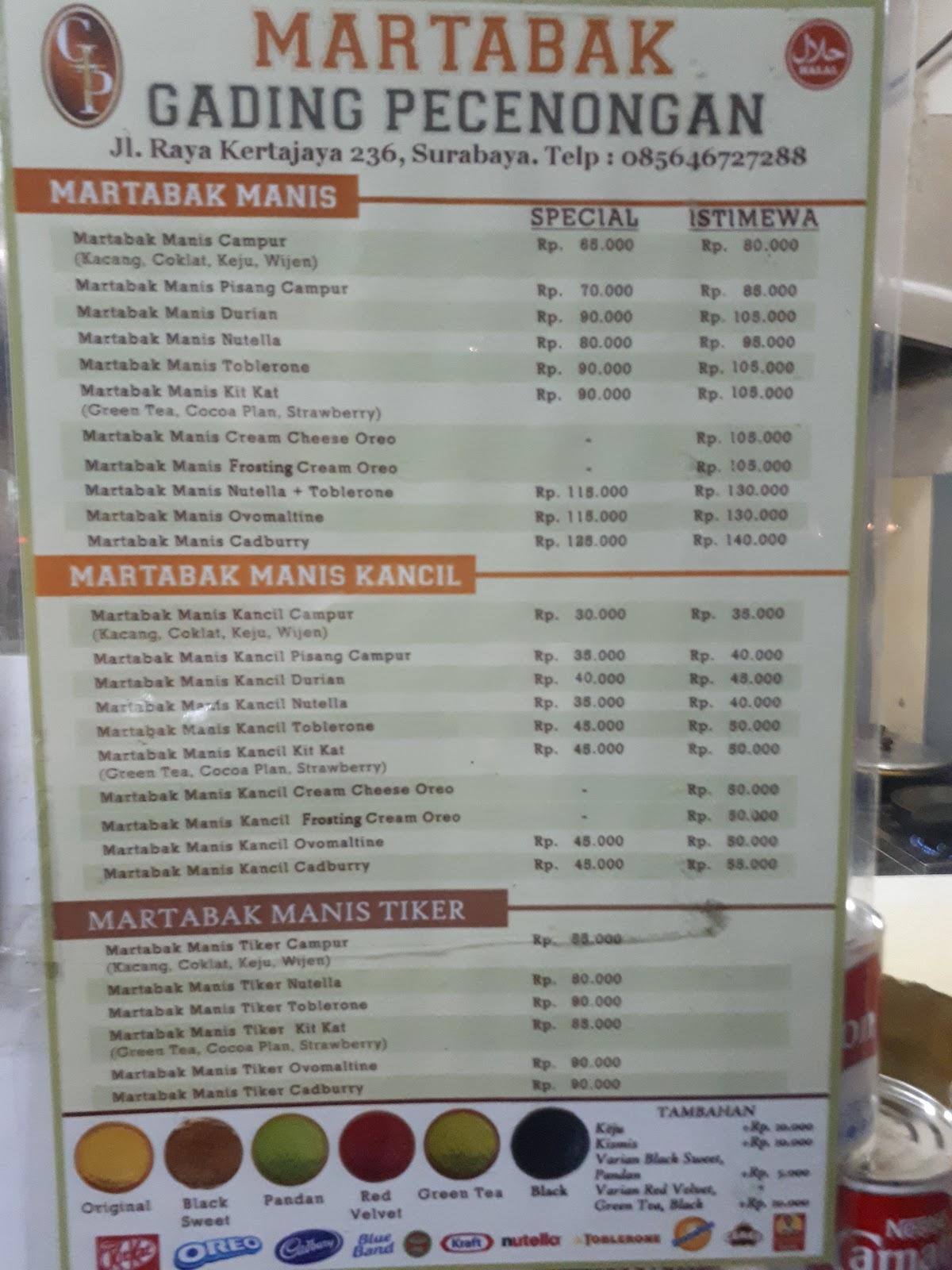 Menu at Martabak Gading Pecenongan, Surabaya, Jl. Margorejo Indah No.10