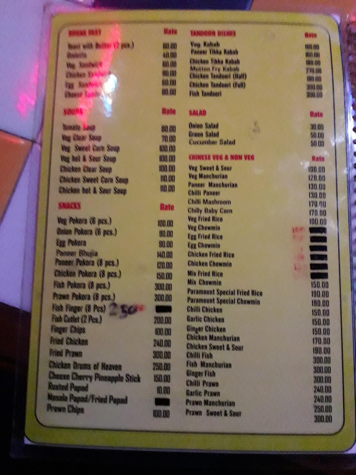 Menu at Paramount Bar & Restaurant, Howrah, National Highway No 6
