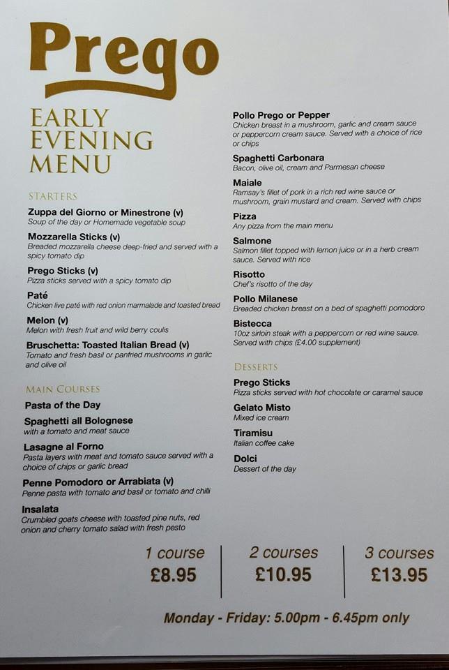 Menu at Prego restaurant, Lanark