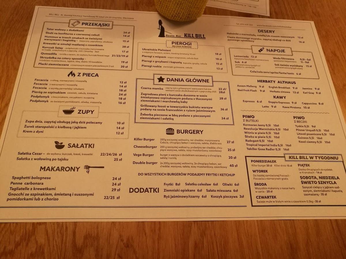 Menu at Resto Bar Kill Bill, Warsaw, Aleja Komisji Edukacji Narodowej 95