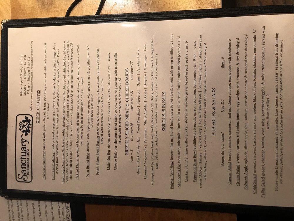 Menu at Sanctuary pub & bar, Iowa City
