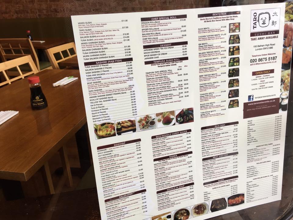 Menu at Taro - Soho restaurant, London, 61 Brewer St