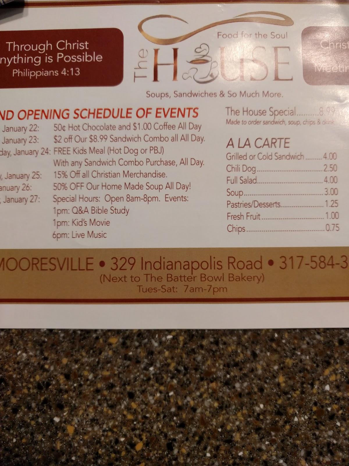 Menu at The House cafe, Mooresville