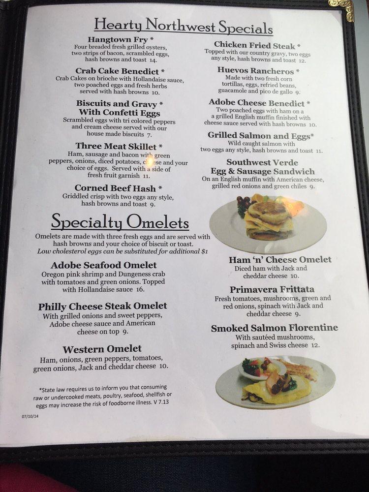 Menu at Adobe Restaurant and Lounge, Yachats