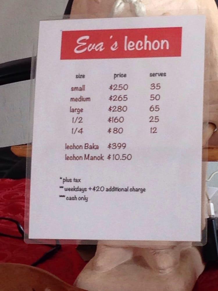 Menu at Eva's Lechon & Deli restaurant, Los Angeles