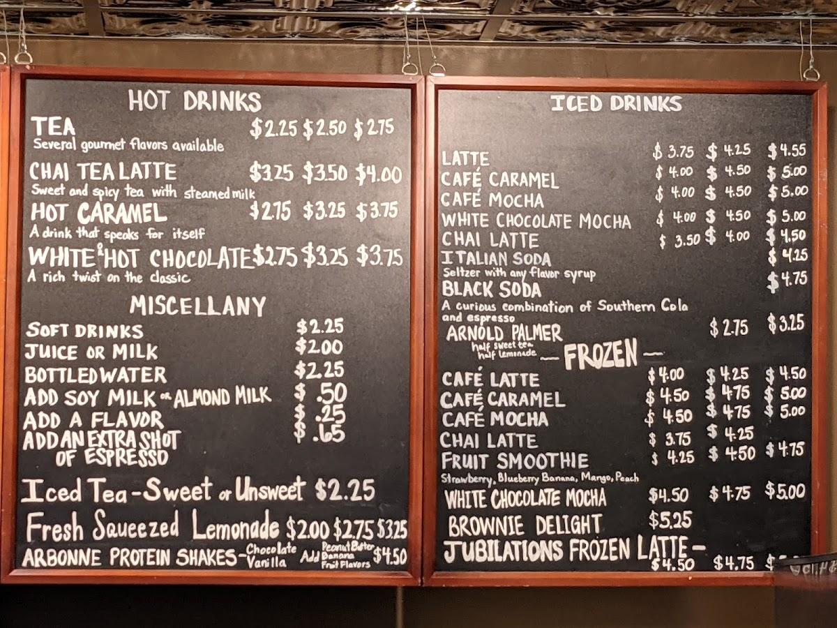 Menu at Jubilations Coffee House, West Point, US-45 ALT