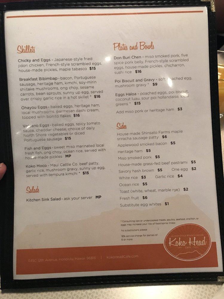 Menu at Koko Head Cafe, Honolulu