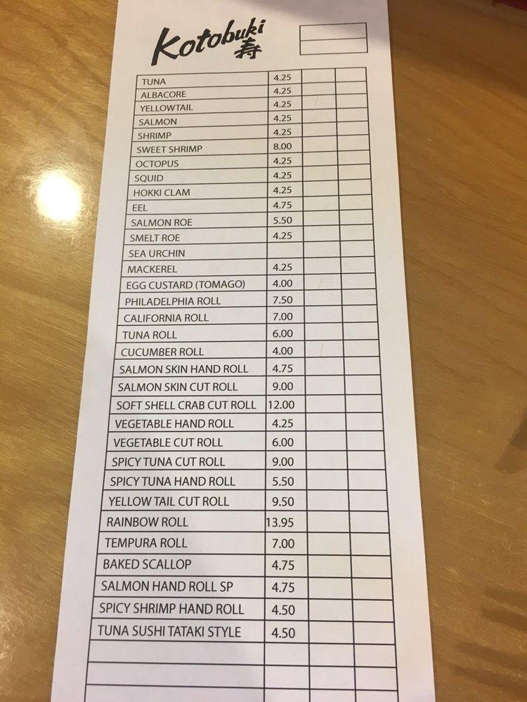 Menu at Kotobuki Restaurant, Laguna Hills