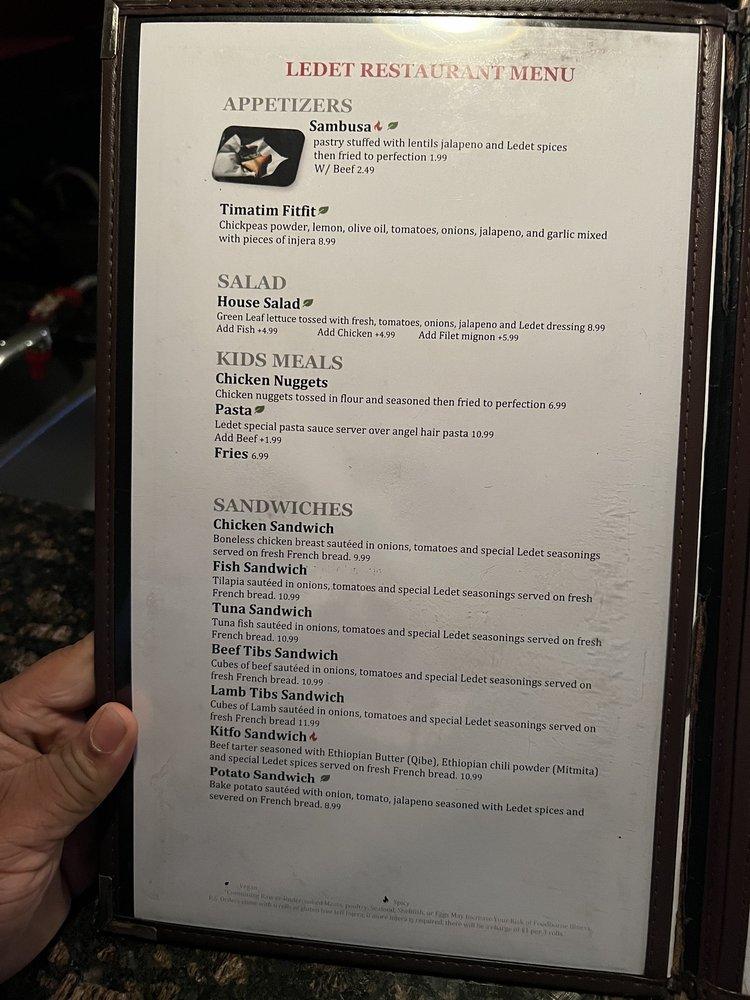 Menu at Ledet Ethiopian Restaurant, Clarkston, 447 N Indian Creek Dr