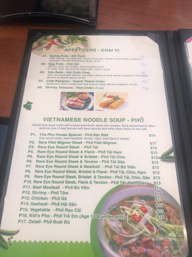 Menu at Pho House restaurant, Bradenton