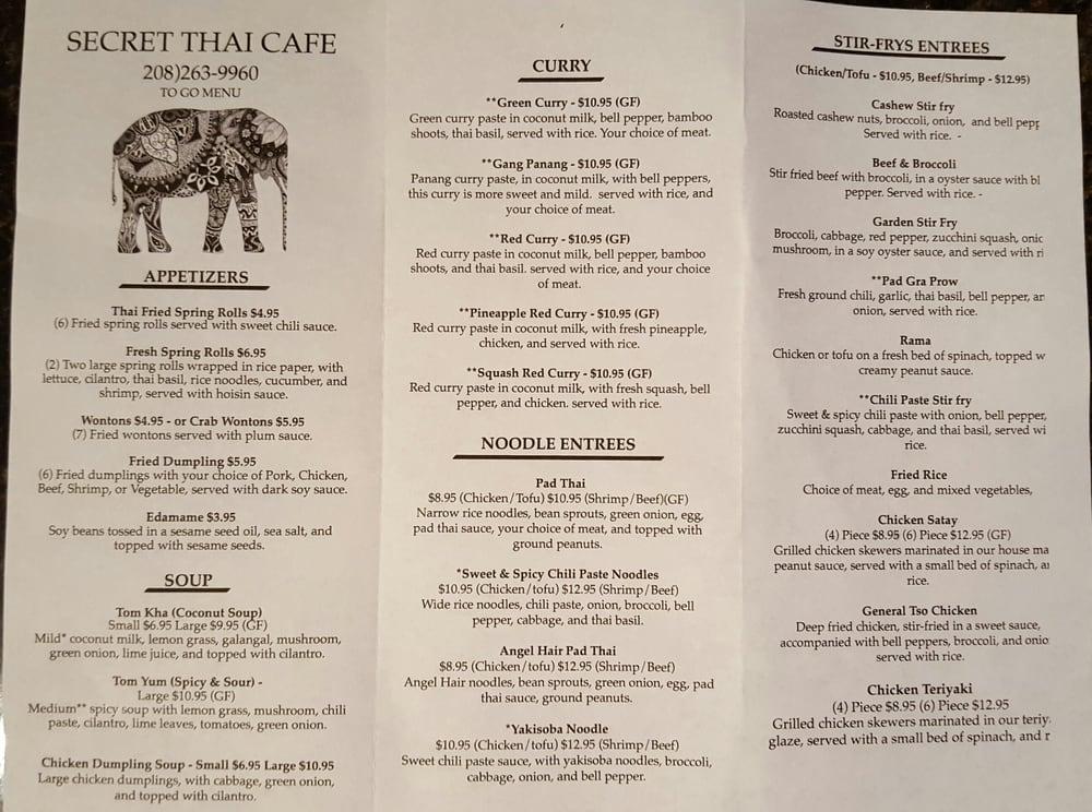 Menu at Secret Thai Cafe, Sandpoint