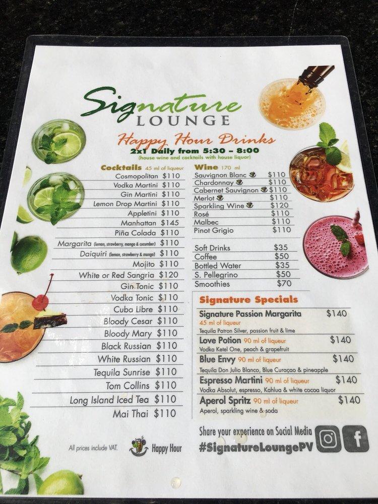 Menu at Signature Lounge pub & bar, Puerto Vallarta