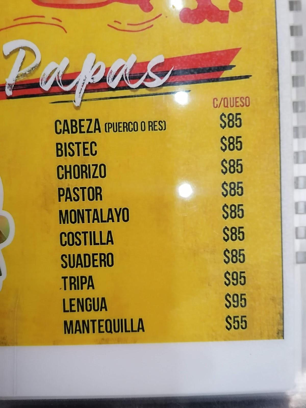 Menu at Tacos El Chato Sánchez restaurant, Celaya